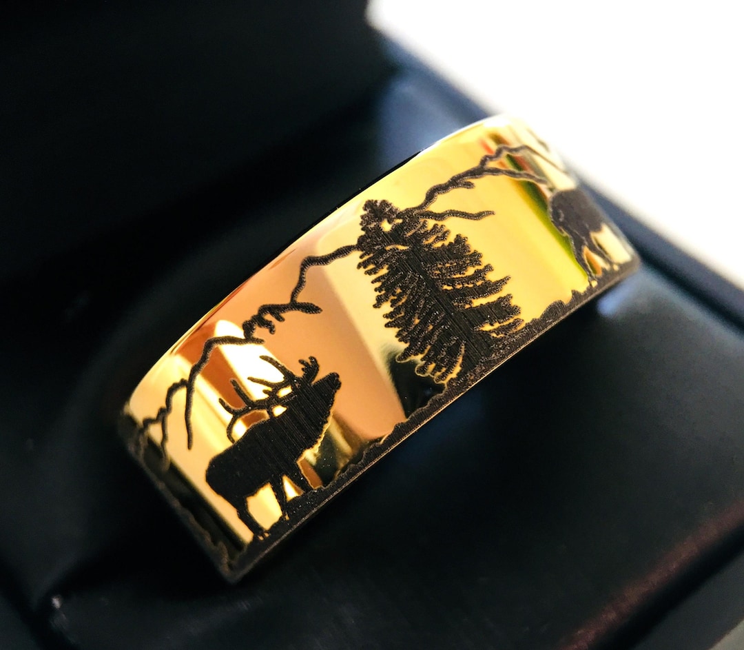 Elk Forest Ring | Yellow Gold Tungsten Wedding Band | Men’s Engagement ...