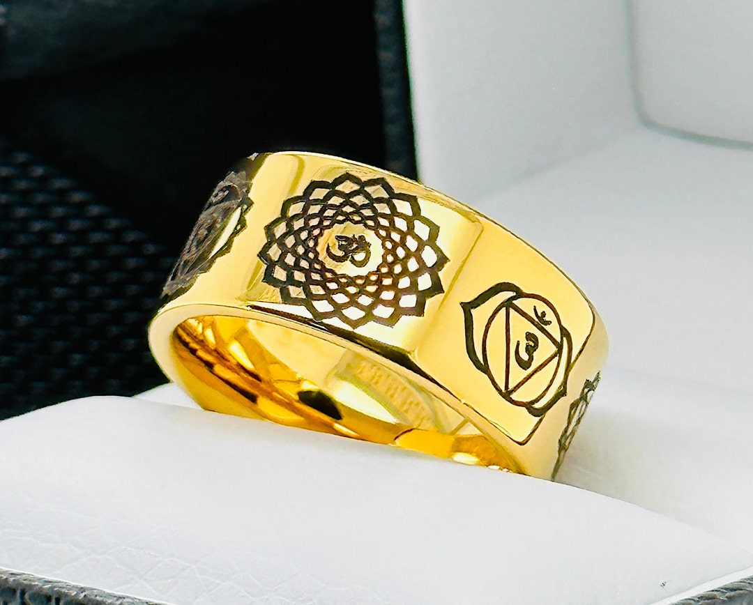 7 Chakras Pattern Engraved Yellow Gold Tungsten Ring, Wedding Ring, Yoga Ring, Spiritual Gift ...