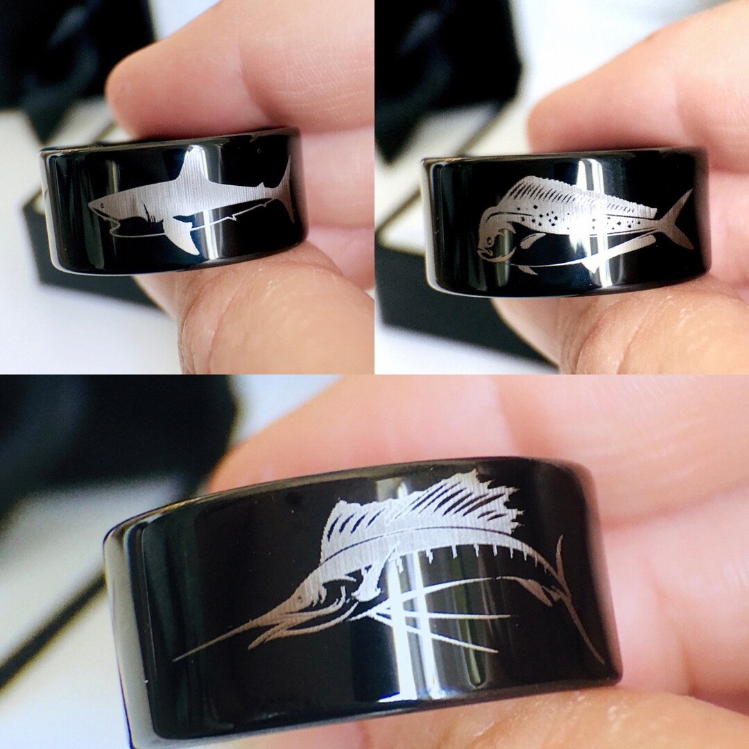 Sailfish, Shark and Mahi Fish Pattern Engraved Black Tungsten Carbide ...