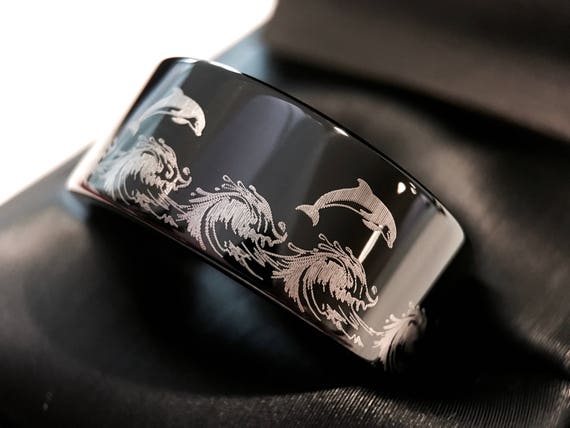 Men Wedding Band Ocean Ring Wave Ring Mens Black Tungsten | Etsy