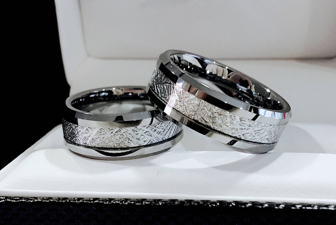 Matching Rings Set Meteorite Ring Mens Tungsten Wedding | Etsy