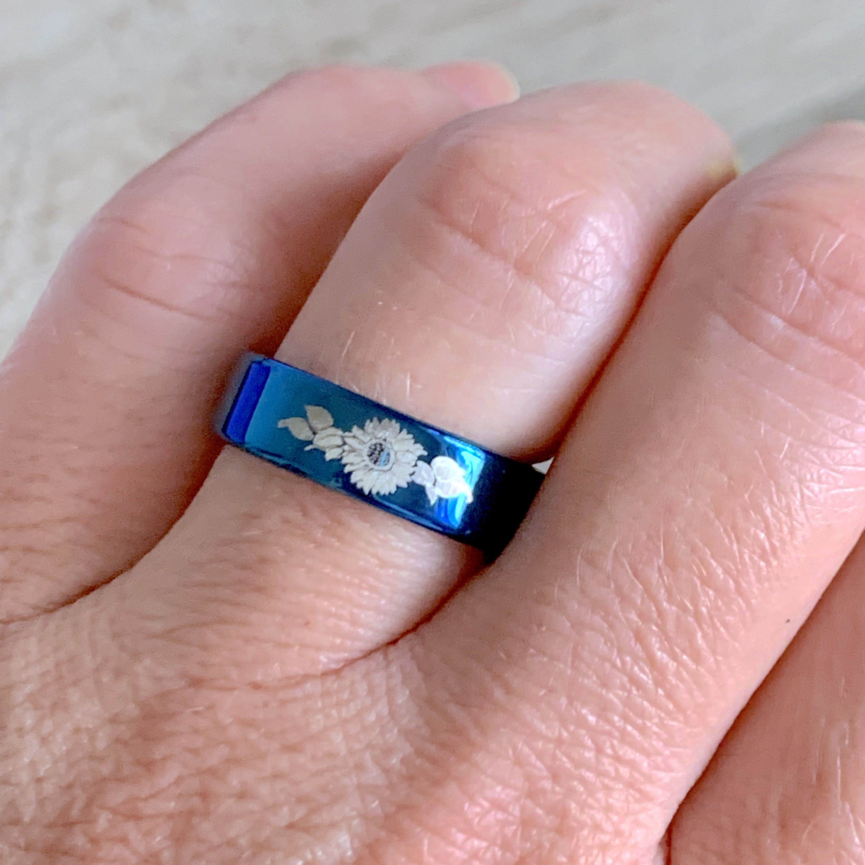 Sunflower Pattern Engraved Blue Tungsten Carbide Ring, Nature Ring ...