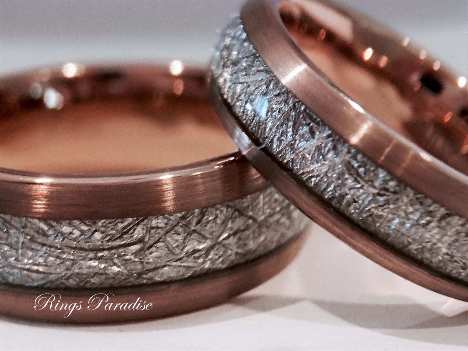 Rose Gold Wedding Band Meteorite Inlay Ring His and Hers - Etsy