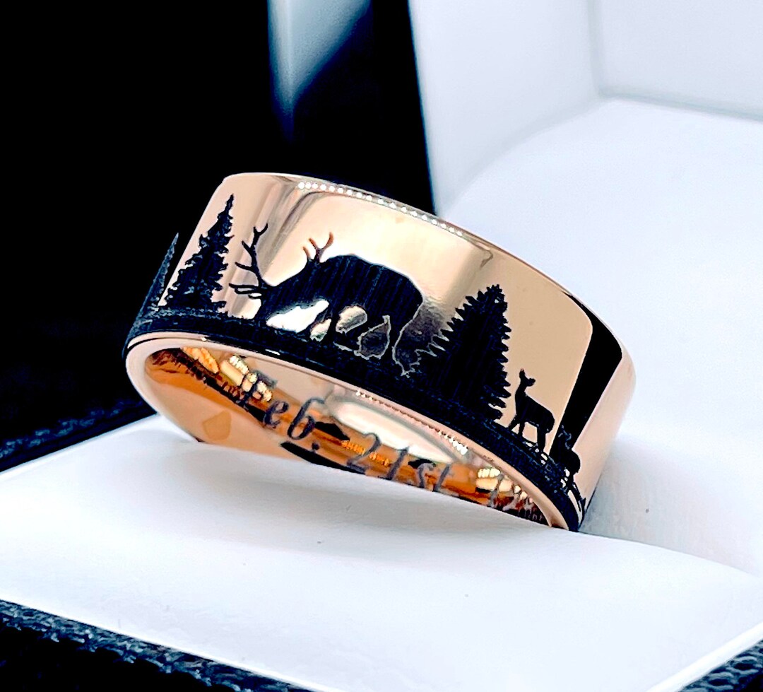 Elks in Forest & Mountains Engraved Ring | Rose Gold Tungsten Band ...