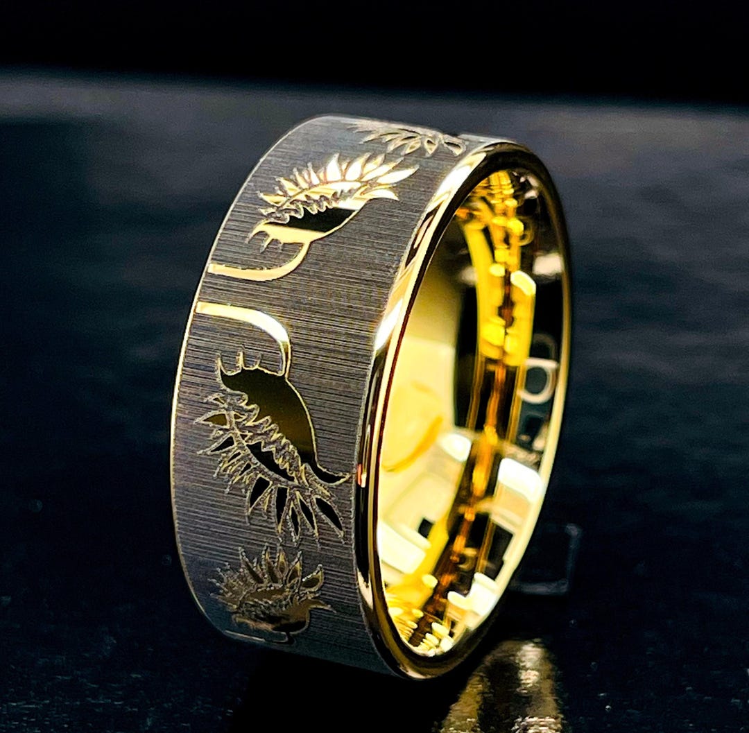 Sunflower Engraved Ring | Yellow Gold Tungsten Wedding Band | Ring for ...