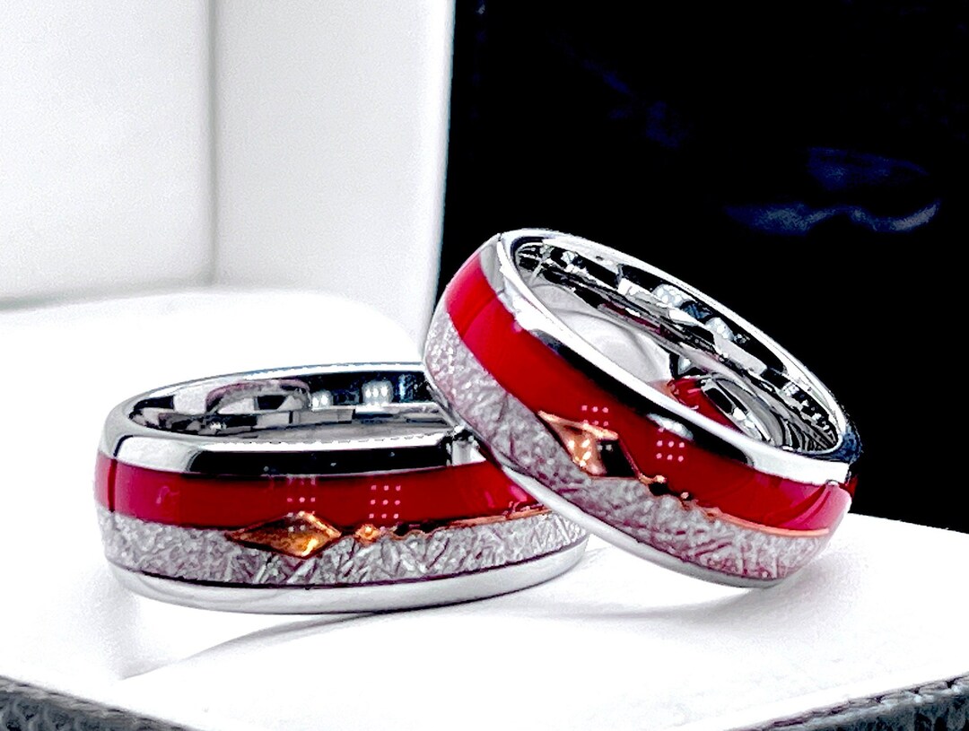 Matching Rings Set, Red Ring, Meteorite Ring, Rose Gold Arrow ...