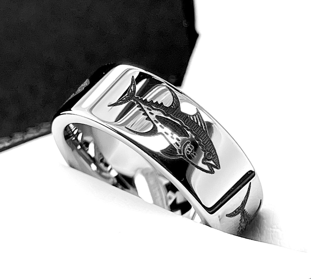 Tuna Fish Pattern Engraved Tungsten Ring, Mens Ring, Mens Wedding Band ...