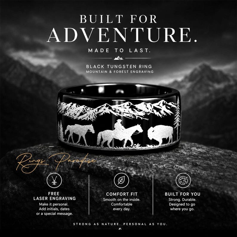 Engraved Cowboy & Buffalo Black Tungsten Ring: Western Men's Wedding ...