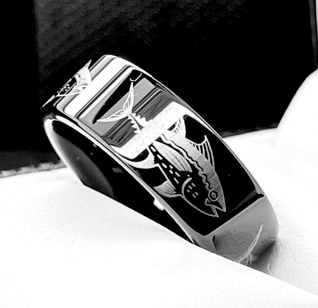 Black Tungsten Tuna Fish Engraved Ring | Men's Wedding Band | Fisherman ...