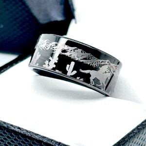 Engraved Cowboy & Buffalo Tungsten Ring: Western Black Wedding Band ...