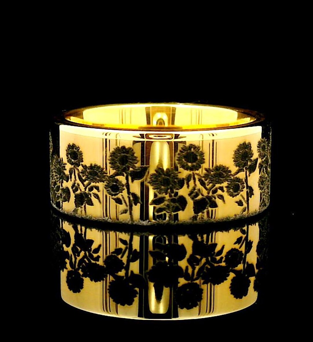 Yellow Gold Tungsten Carbide Wedding Rign With Intricate Sunflowers ...