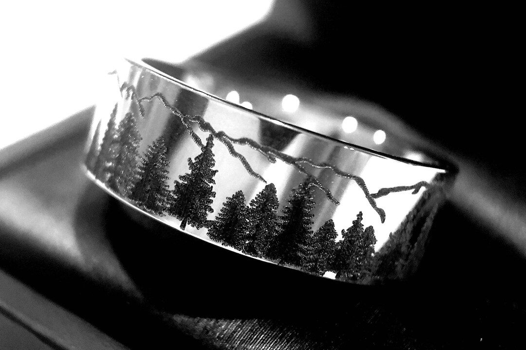 Wedding Bands, Fir Trees in Mountains Forest Landscape Pattern, Mens ...