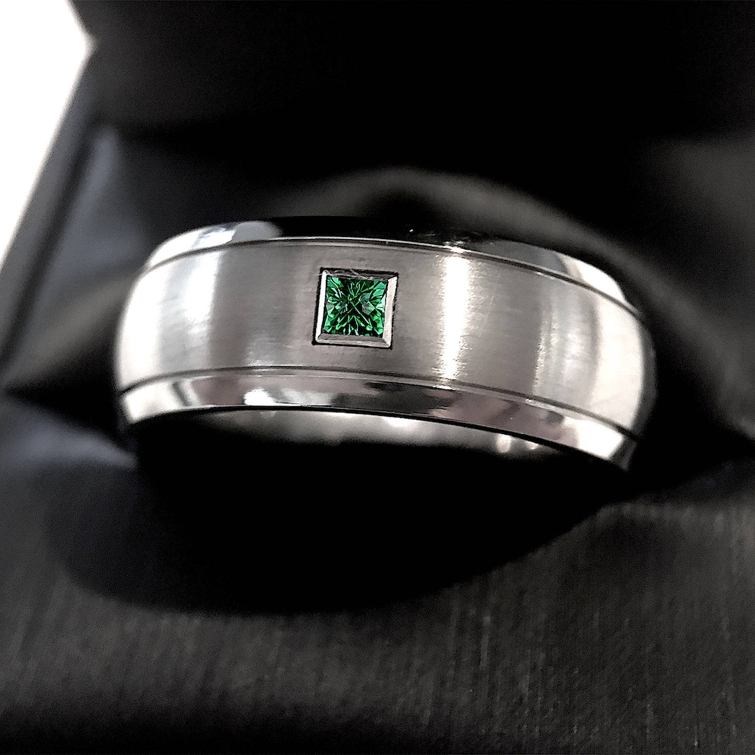 Square Emerald Stone Titanium Ring, Mens Titanium Wedding Band, Mens ...