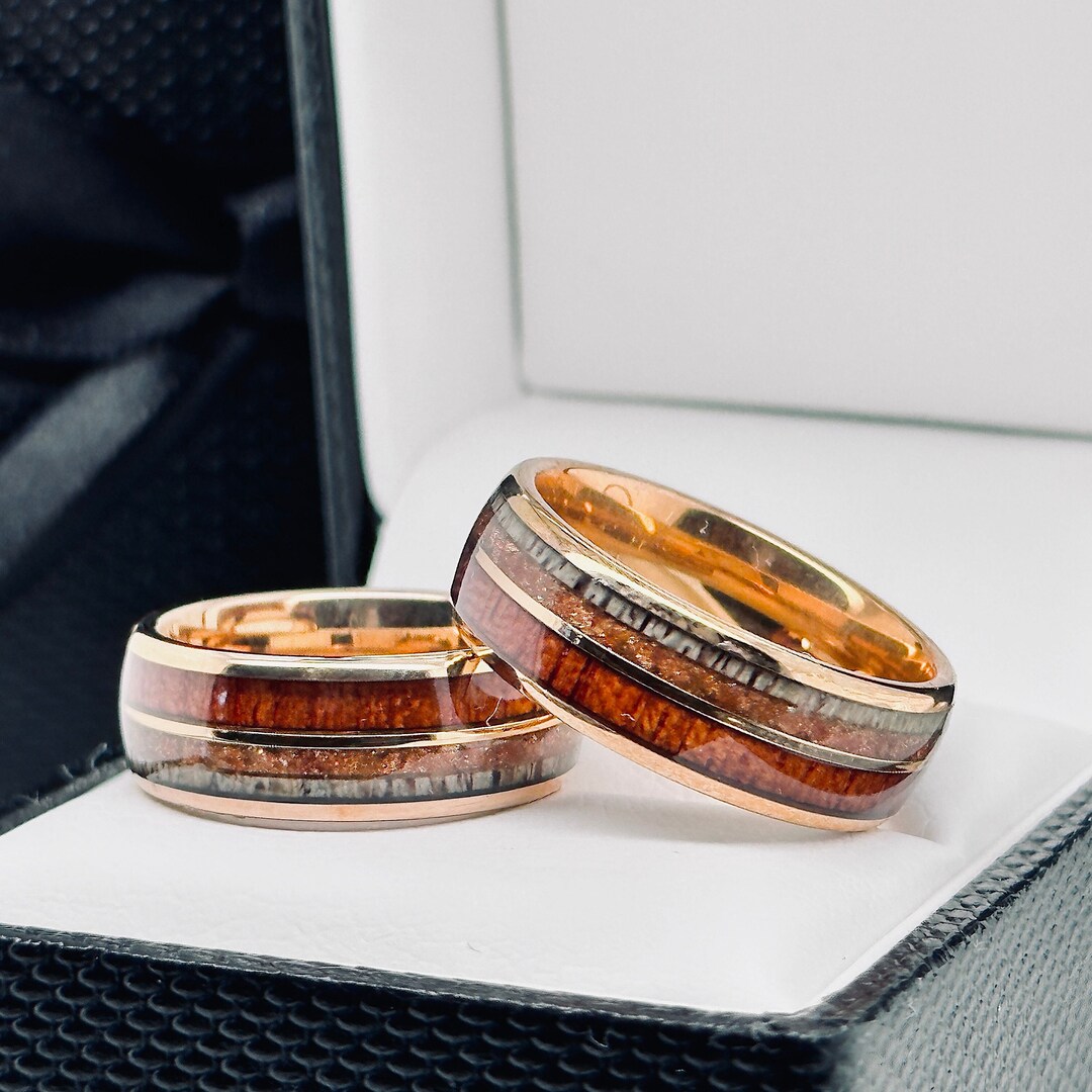 Matching Rings Set, Couples Rings, Aventurine, Wood and Antler Inlay ...