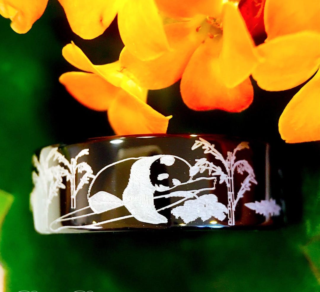 Wedding Band | Custom Engraved Panda Ring | Cute Pandas | Black ...