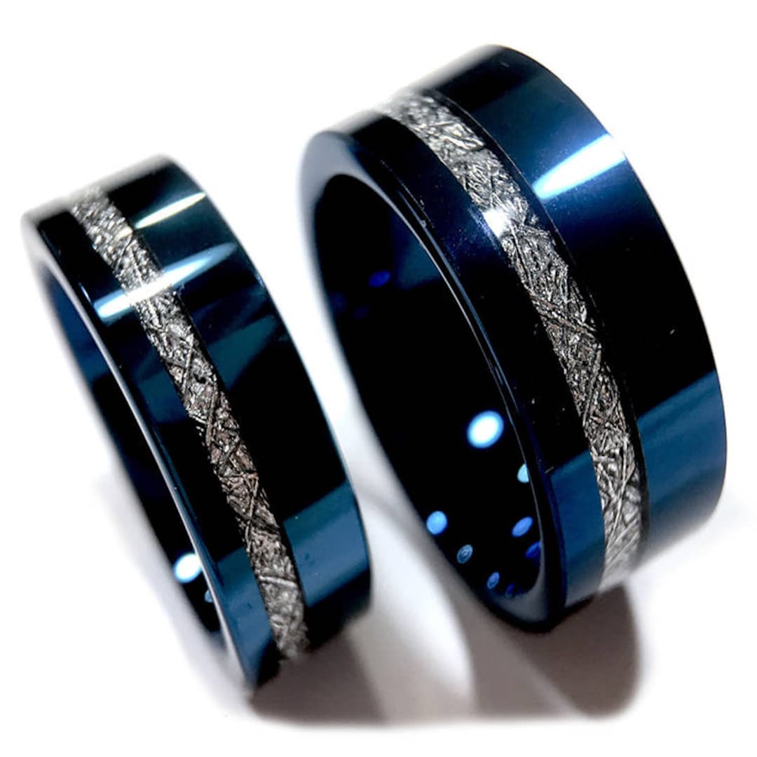 Blue Meteorite Tungsten Ring | Unisex Wedding Band for Couples ...
