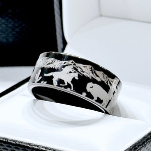 Engraved Cowboy & Buffalo Tungsten Ring: Western Black Wedding Band ...