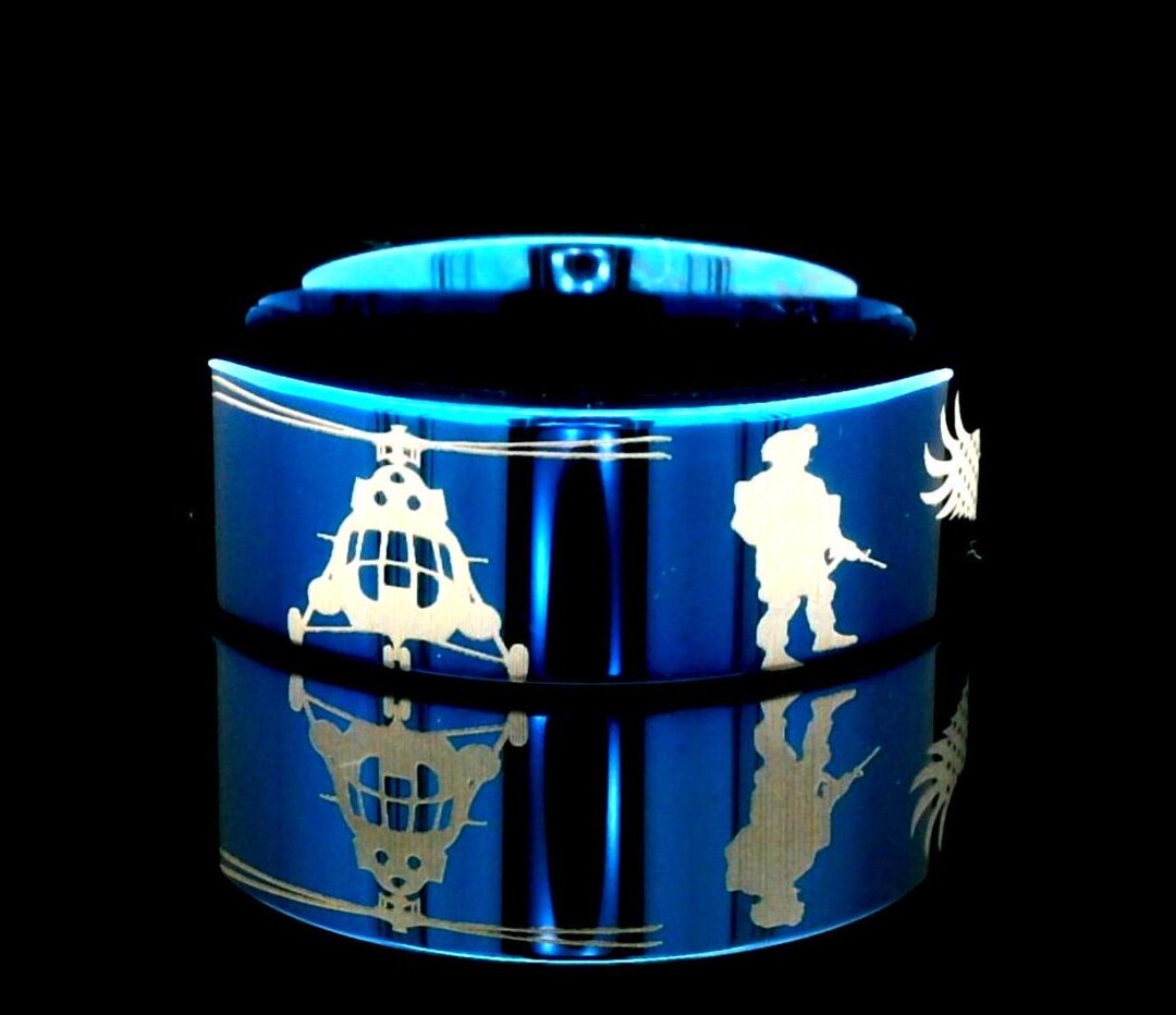 Patriotic Strength Military Scene Engraved Blue Tungsten Carbide Ring ...