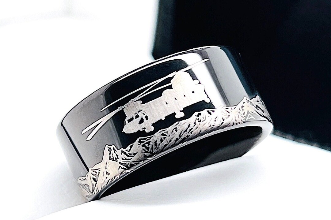Helicopters Over the Mountains Range Pattern Engraved Tungsten Carbide ...