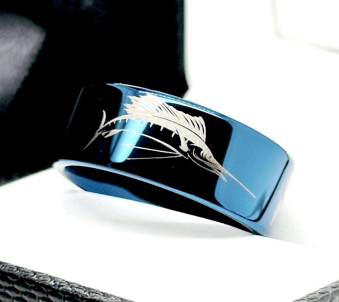 Sailfish, Shark and Mahi Fish Pattern Engraved Tungsten Ring, Mens ...