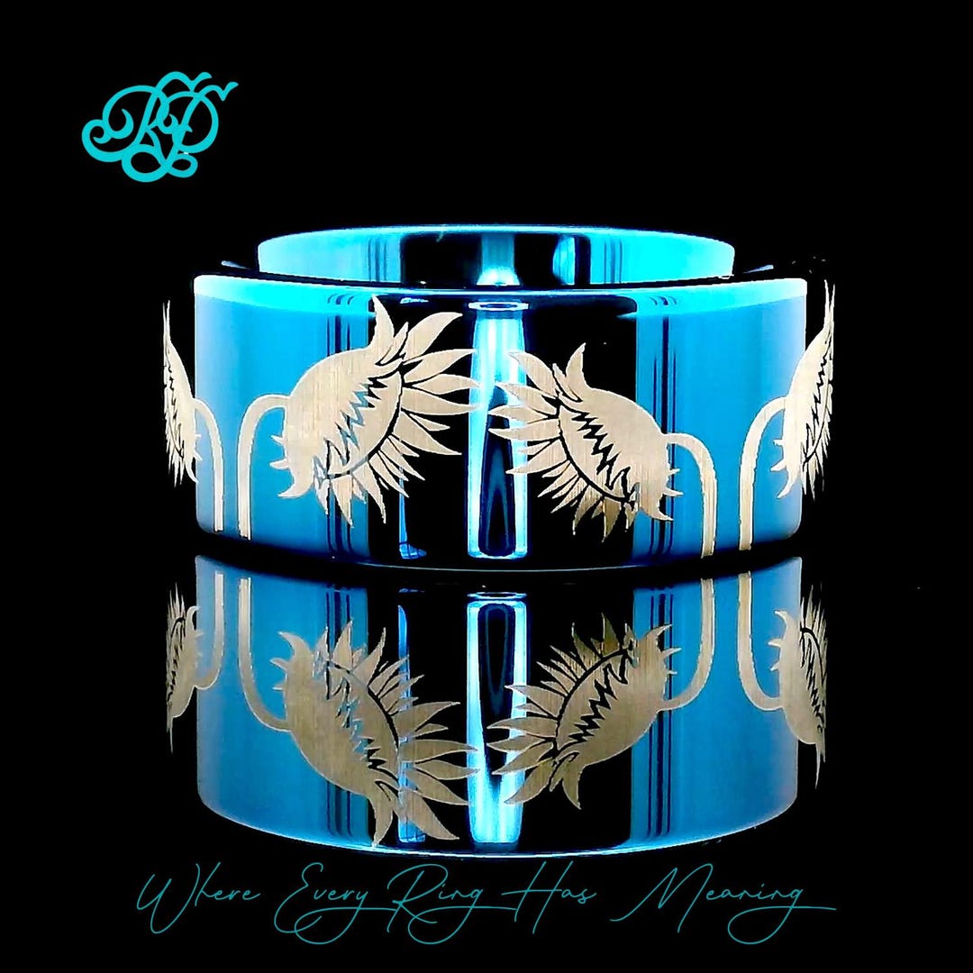 Blue Tungsten Ring With Sunflower Engraved Design | Unique Wedding Band ...