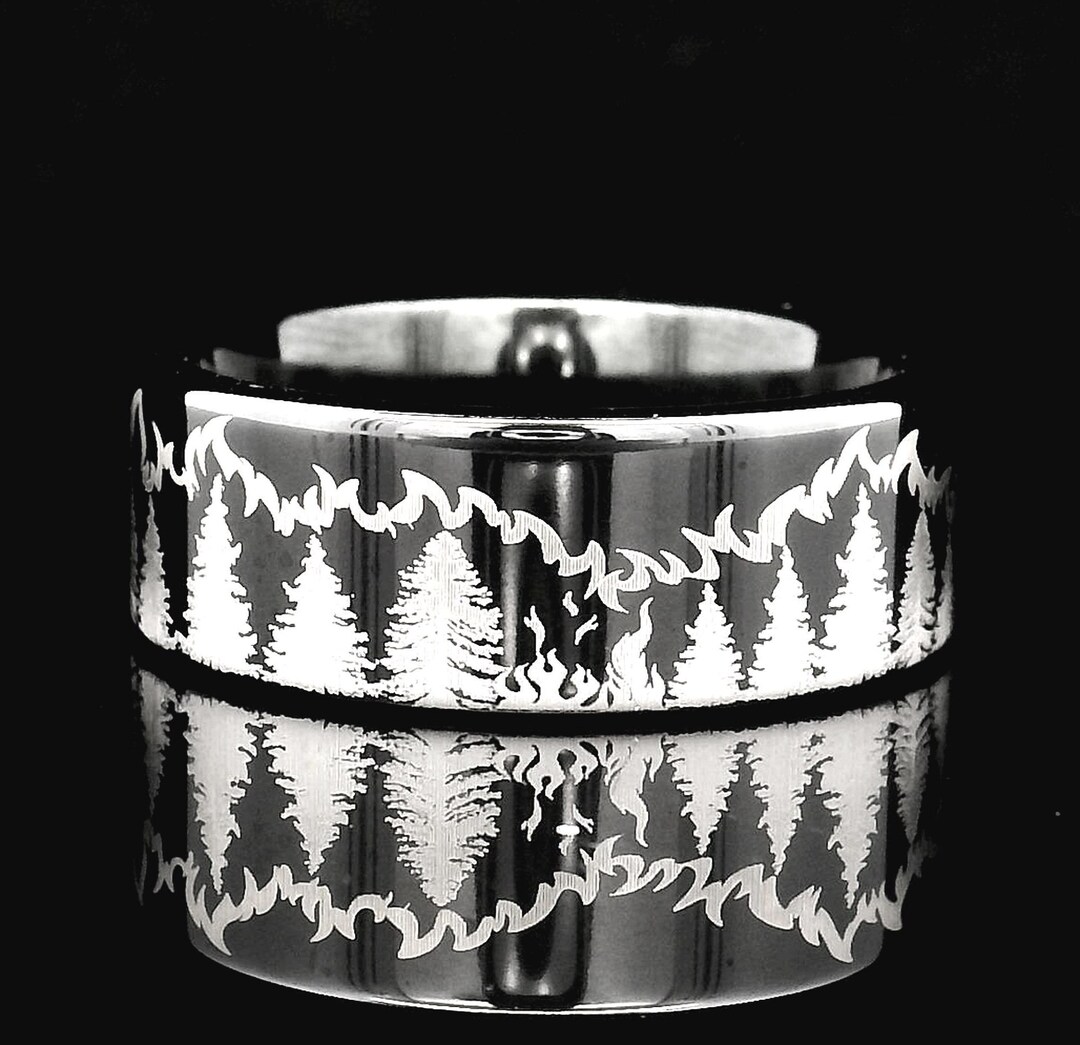 Firefighter Ring | Fireman Wedding Band | Fir Trees in Fire Pattern ...