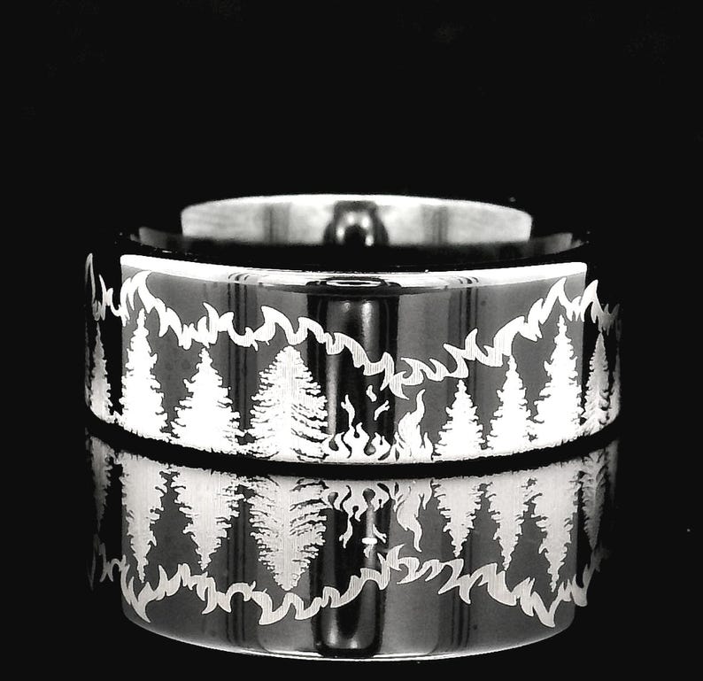 Firefighter Wedding Band With Engraved Fir Trees (black Tungsten, 8mm ...