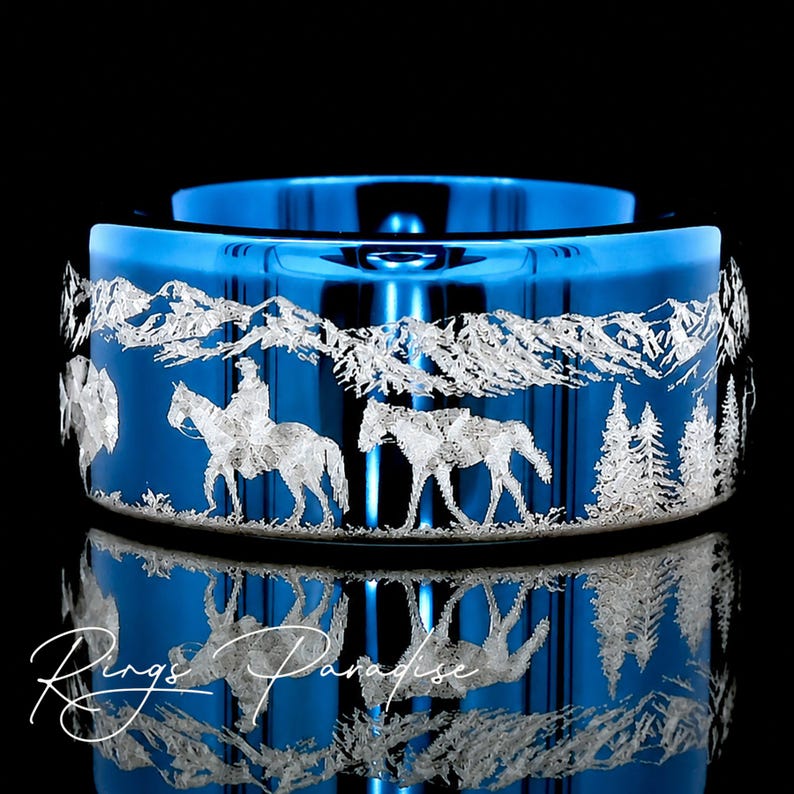 Engraved Cowboy & Buffalo Black Tungsten Ring: Western Men's Wedding ...