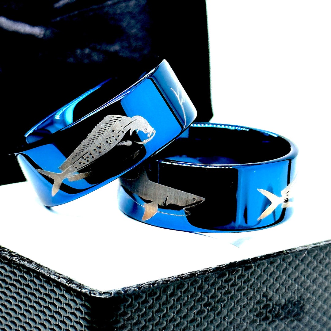 Sailfish, Shark and Mahi Fish Yellow Gold Ungsten Ring, Mens Tungsten ...