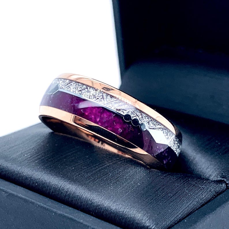 Purple Agate & Meteorite Tungsten Ring With Rose Gold Arrow Inlay - 8mm ...