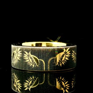 Sunflower Engraved Ring | Yellow Gold Tungsten Wedding Band for Men ...