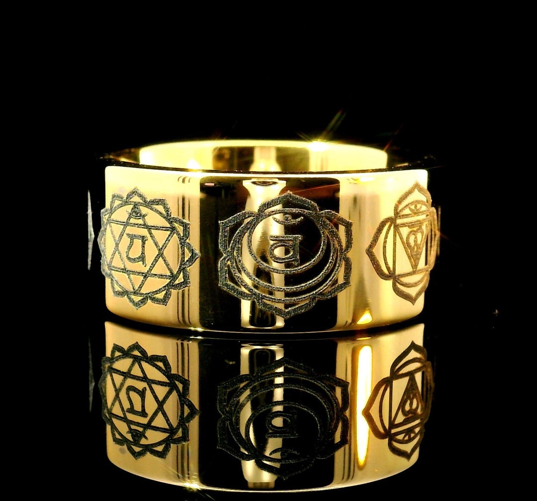 7 Chakras Pattern Engraved Yellow Gold Tungsten Ring, Wedding Ring ...