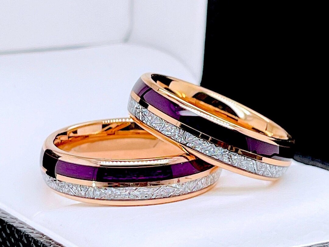 Purple Agate Meteorite Ring Set: Rose Gold Tungsten Wedding Bands - 6mm ...