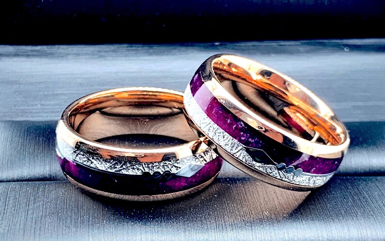 Purple Agate & Meteorite Tungsten Ring With Rose Gold Arrow Inlay - 8mm ...