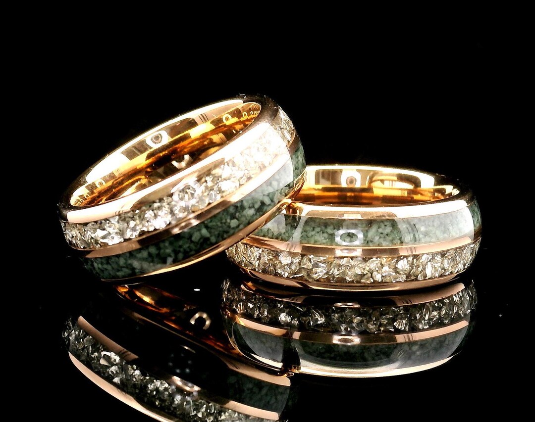 Rose Gold Wedding Rings Adorned With Green Agate and German Crystals ...