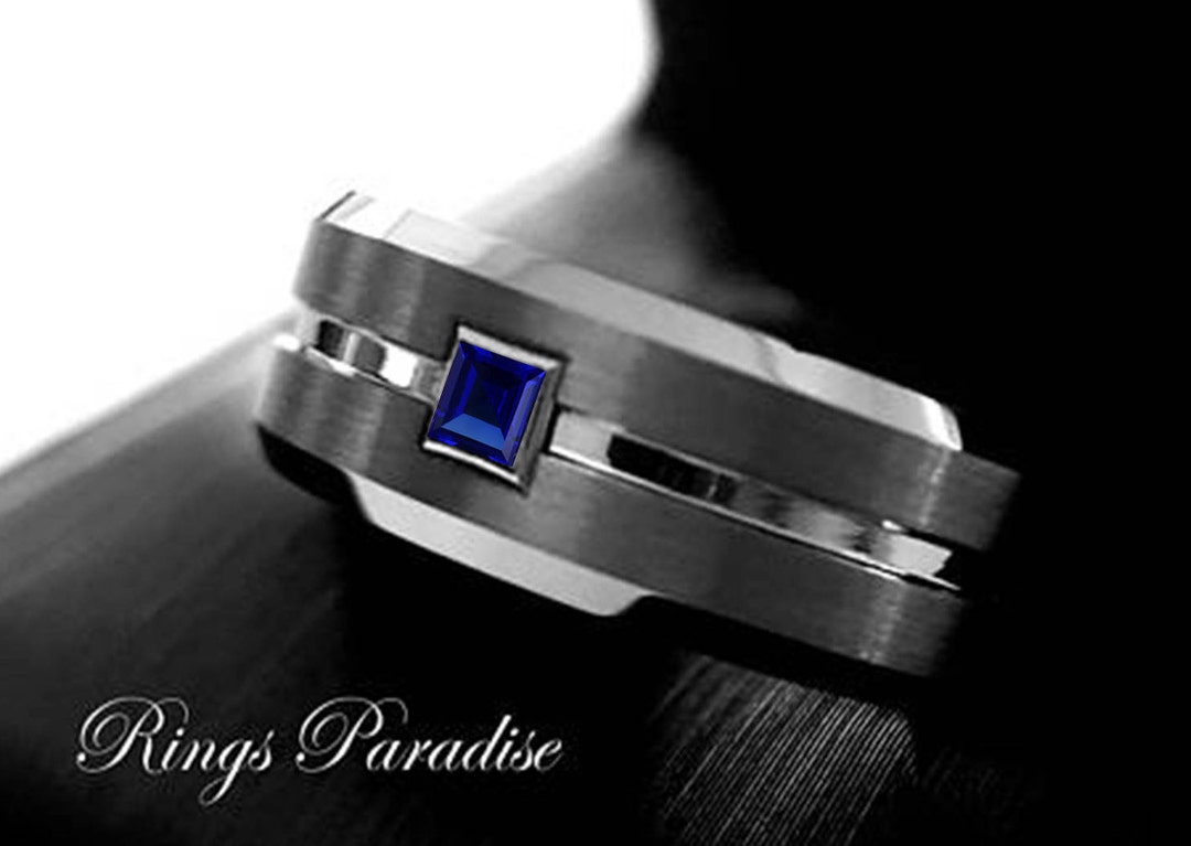 Men Tungsten Wedding Bands Square Sapphire Stone Setting Gun Metal ...