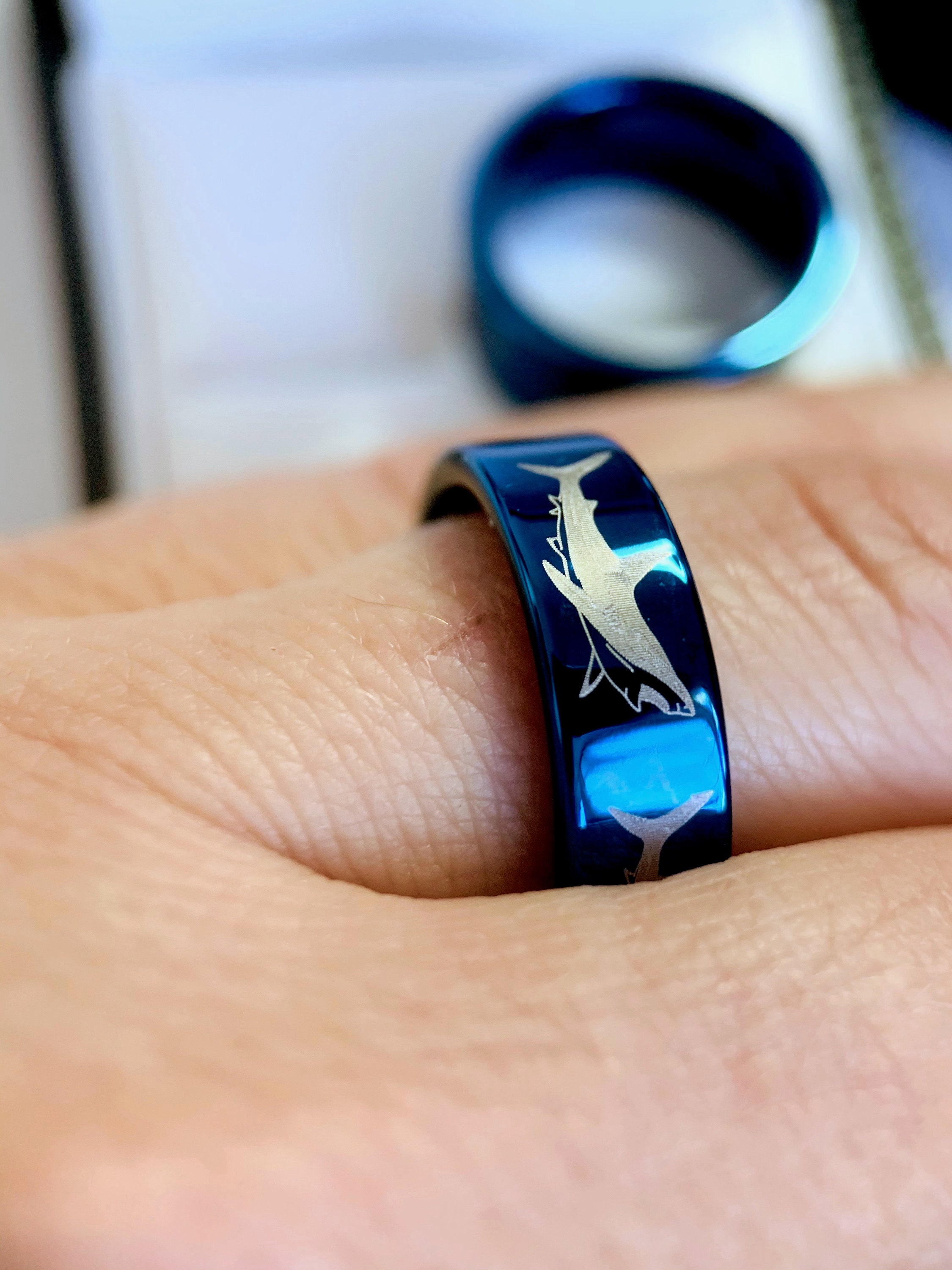 Shark Blue Tungsten Ring Wedding Bands Blue Tungsten Ring | Etsy