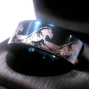 Blue Tungsten Ocean Wave Ring Wedding Band Mens Wedding - Etsy
