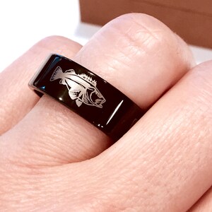Bass Fish Ring, Black Tungsten Ring, Mens Tungsten Ring, Mens Wedding ...