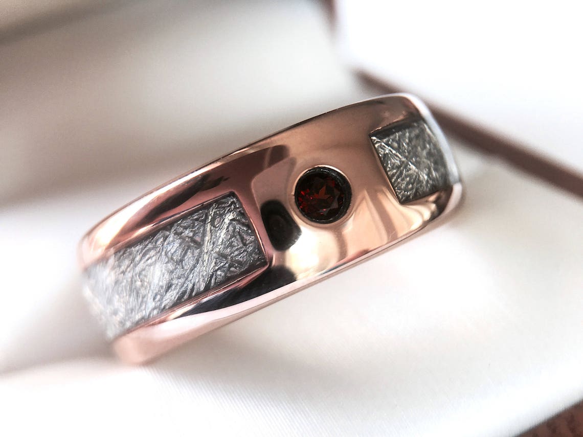 Meteorite Ring Rose Gold Meteorite Ring With Granet Stone | Etsy