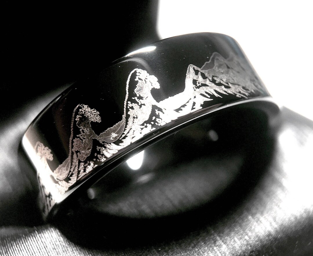 Black Tungsten Ring, Mountains and Ocean Wave Black Tungsten Wedding ...