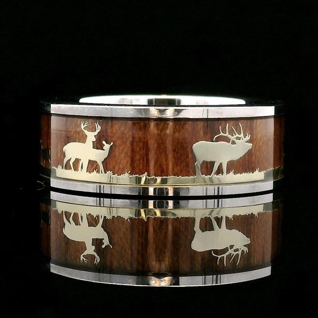 Elk Design Tungsten Wedding Band With Koa Wood Inlay (8mm) - Etsy
