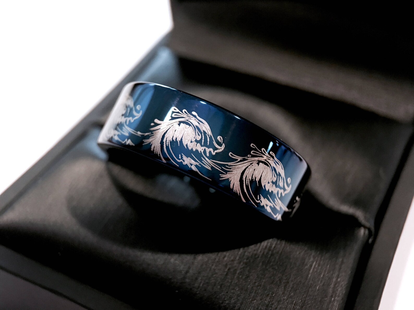 Men Wedding Band Ocean Ring Wave Ring Mens Blue Tungsten | Etsy