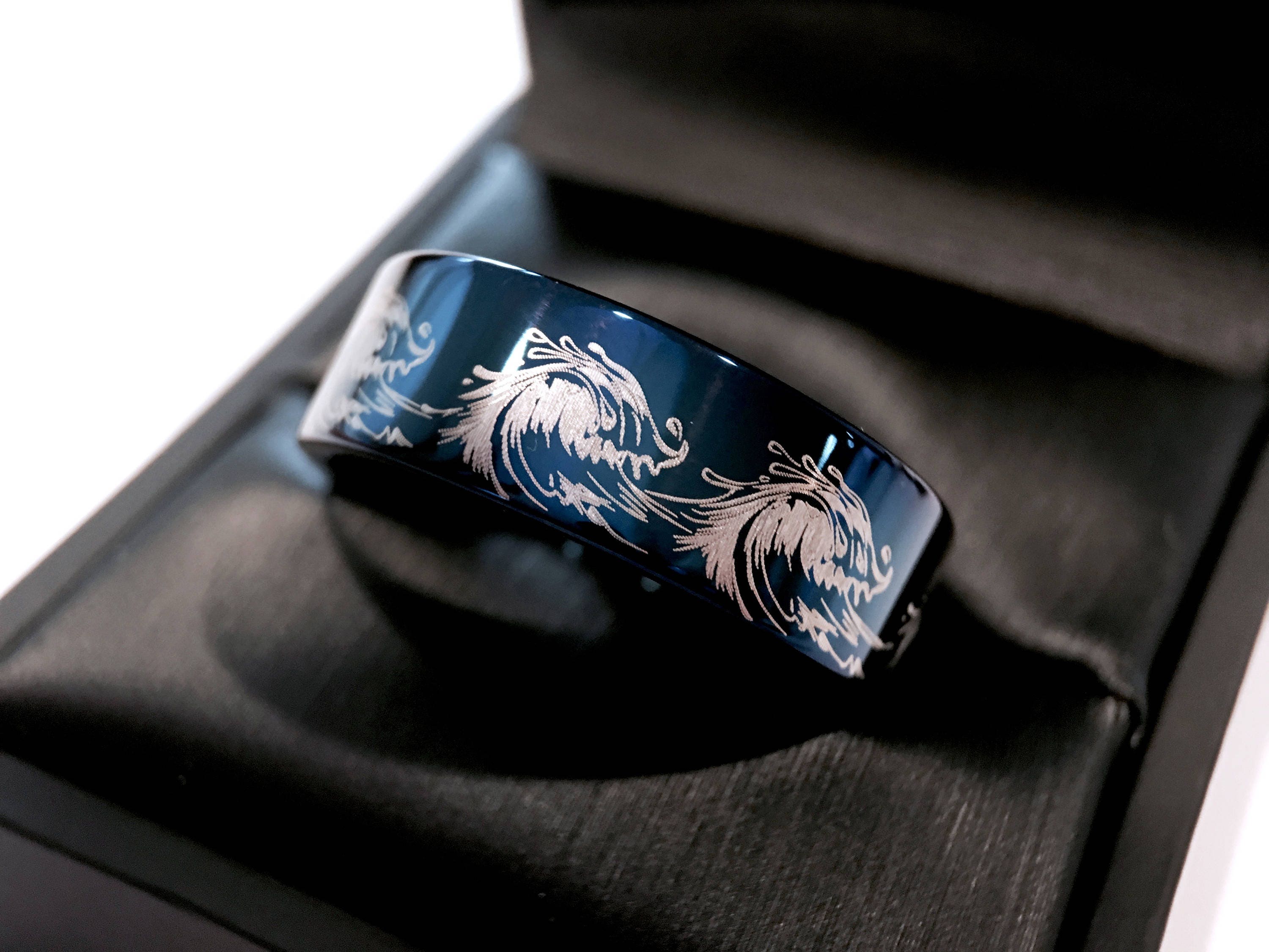 Men Wedding Band Ocean Ring Wave Ring Mens Blue Tungsten | Etsy
