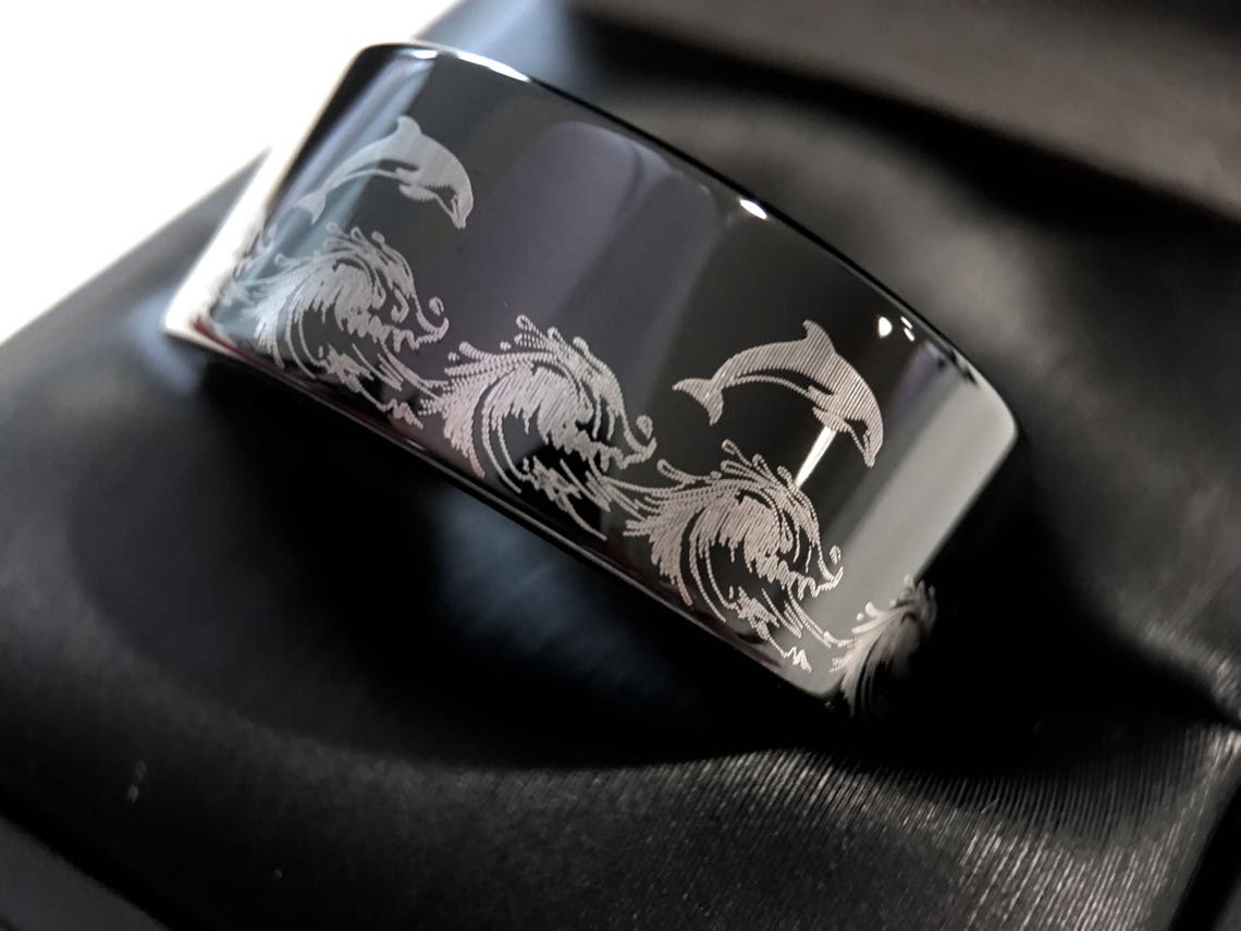 Men Wedding Band Ocean Ring Wave Ring Mens Black Tungsten - Etsy