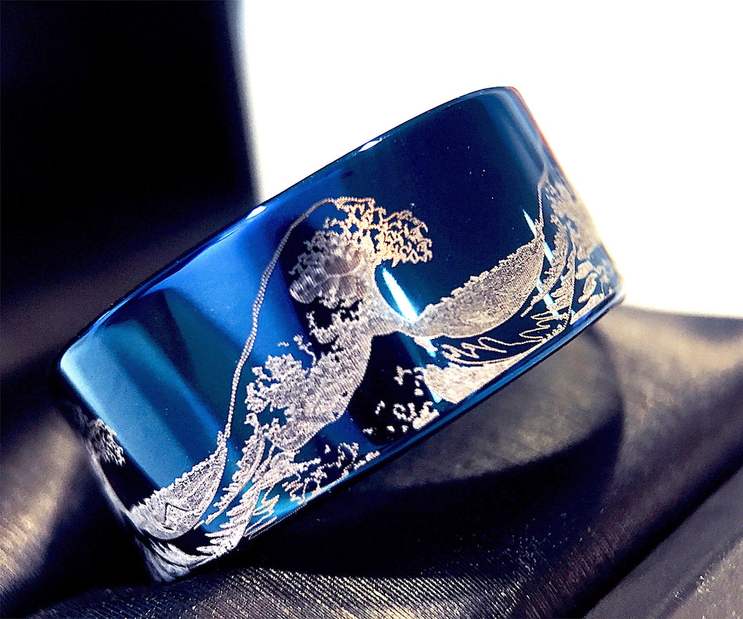 Ocean Wave Engraved Ring | Blue Tungsten Wedding Band for Men | Unique ...