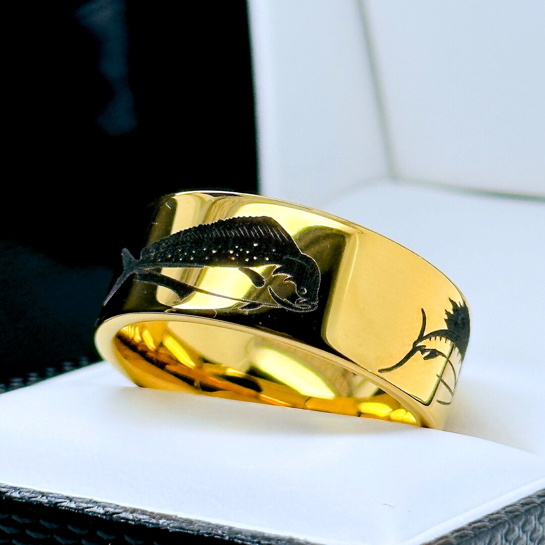 Sailfish Shark and Mahi Fish Yellow Gold Ungsten Ring Mens - Etsy