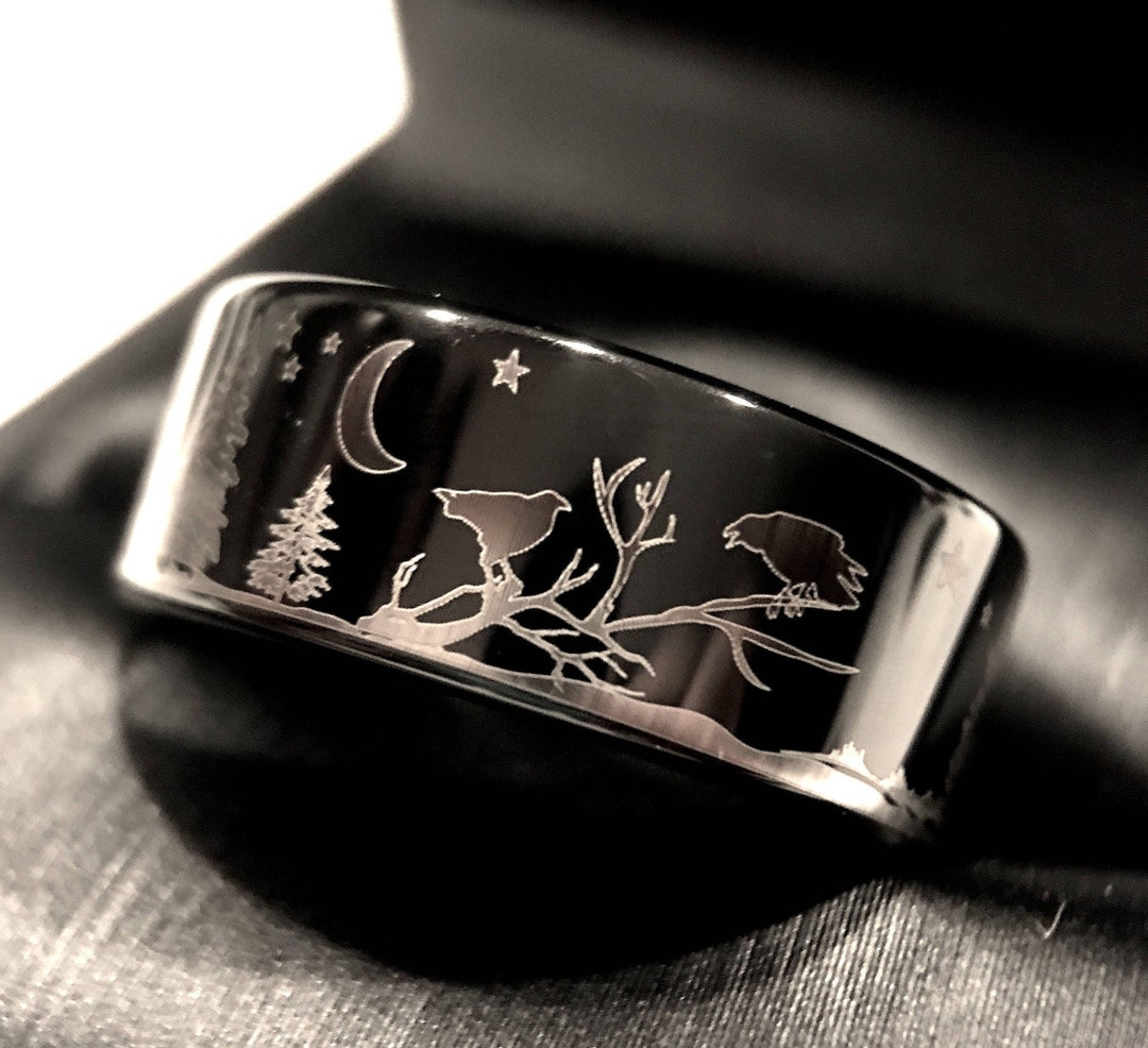 Ravens on Branches Engraved Black Tungsten Ring | Nature-inspired ...