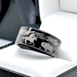 Engraved Cowboy & Buffalo Tungsten Ring: Western Black Wedding Band ...