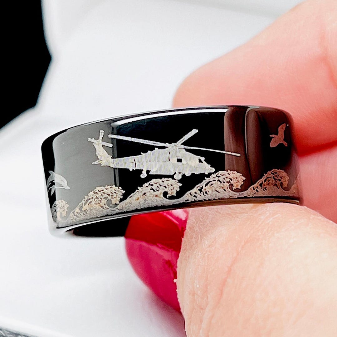 US Army Military Ring | Helicopters Over Ocean Engraved Black Tungsten ...